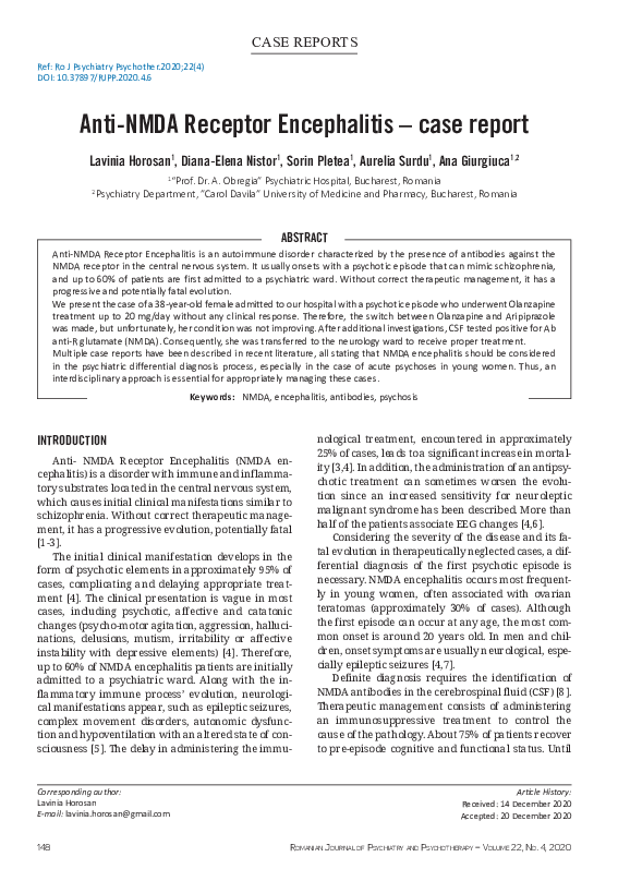 (PDF) Anti-NMDA Receptor Encephalitis – case report