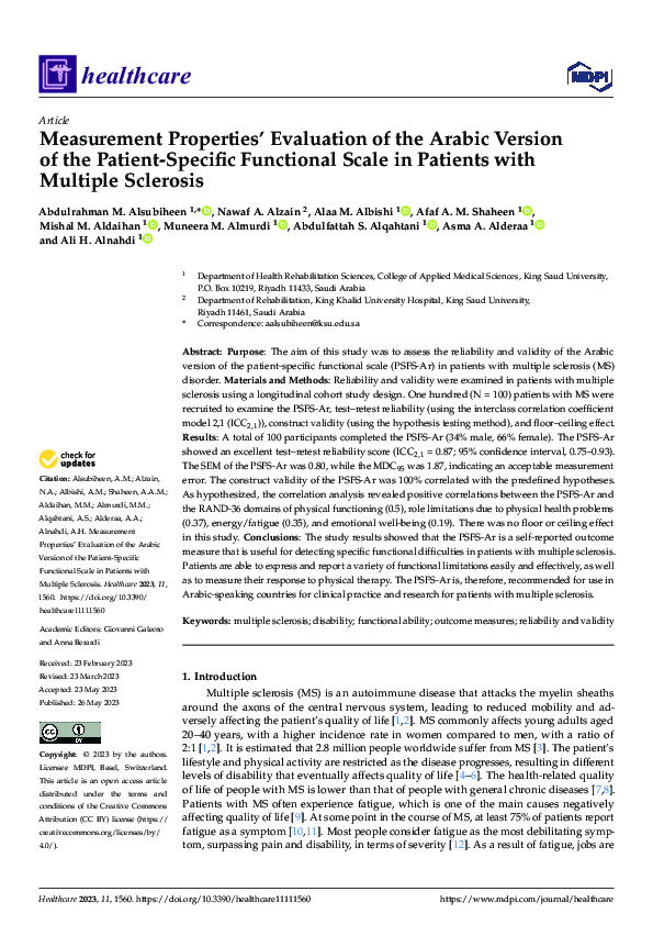 (PDF) Measurement Properties’ Evaluation of the Arabic Version of the ...
