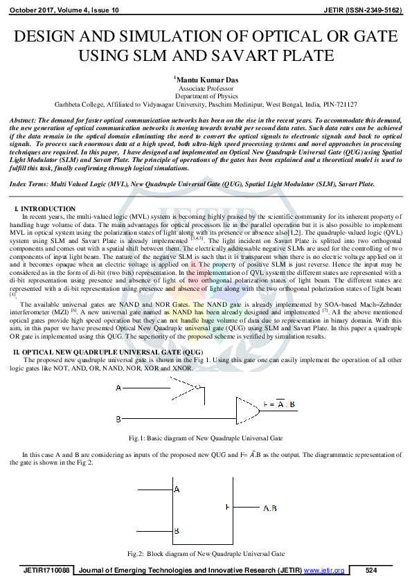 (PDF) Design and Simulation of Optical or Gate Using SLM and Savart Plate