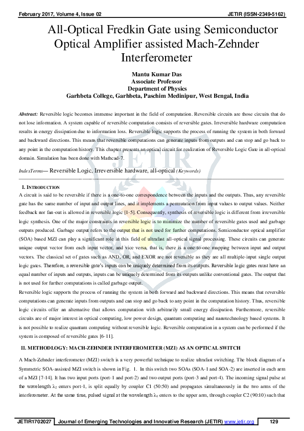 Pdf All Optical Fredkin Gate Using Semiconductor Optical Amplifier Assisted Mach Zehnder
