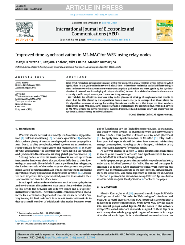 (PDF) Improved time synchronization in ML-MAC for WSN using relay nodes
