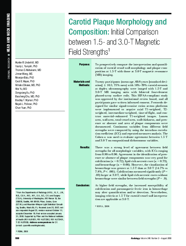 Pdf Carotid Plaque Morphology And Composition Initial Comparison Between 15 And 30 T