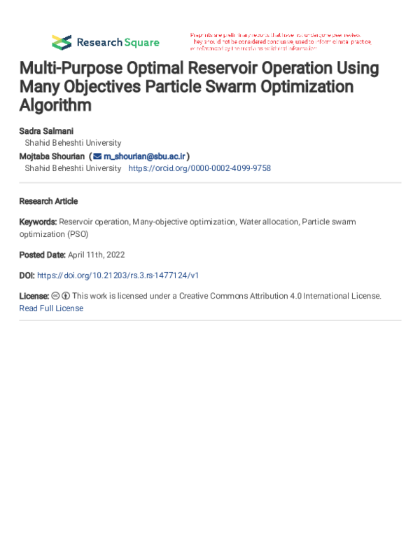 (PDF) Multi-Purpose Optimal Reservoir Operation Using Many Objectives Particle Swarm ...