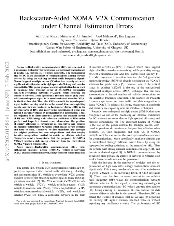 (PDF) Backscatter-Aided NOMA V2X Communication under Channel Estimation Errors