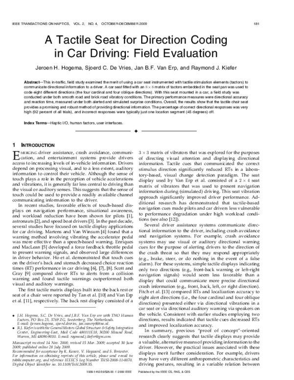 (PDF) A tactile seat for direction coding in car driving: Field evaluation