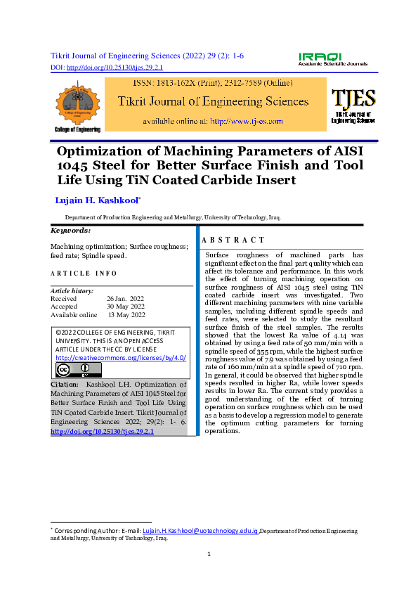 (PDF) Optimization of Machining Parameters of AISI 1045 Steel for ...