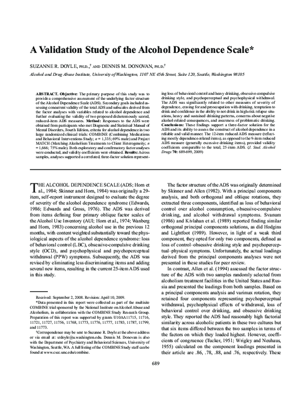 (PDF) A Validation Study of the Alcohol Dependence Scale