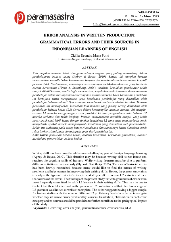 (PDF) Error Analysis in Written Production: Grammatical Errors and Their Sources in Indonesian ...