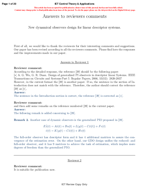 Pdf New Dynamical Observers Design For Linear Descriptor Systems