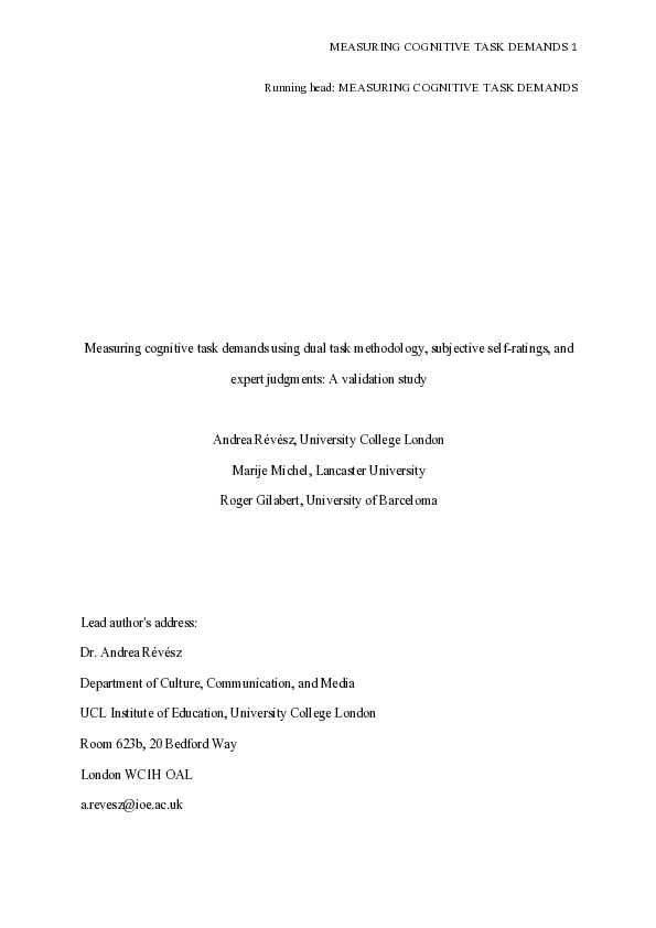 (PDF) Measuring Cognitive Task Demands Using Dual-Task Methodology ...