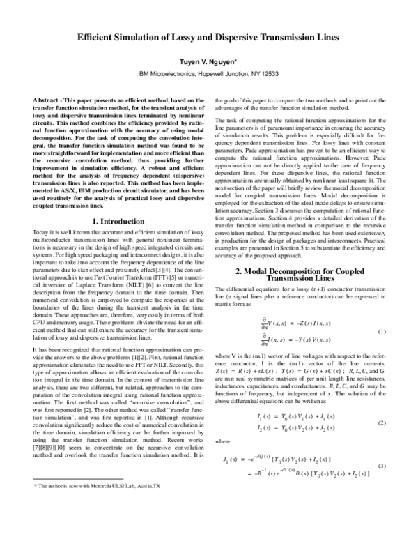 (PDF) Efficient simulation of lossy and dispersive transmission lines