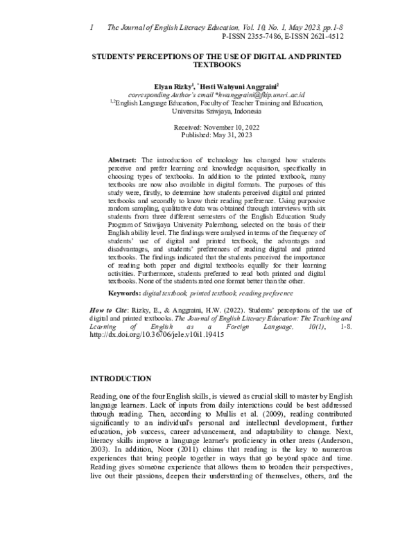 (PDF) Students’ Perceptions of the Use of Digital and Printed Textbooks
