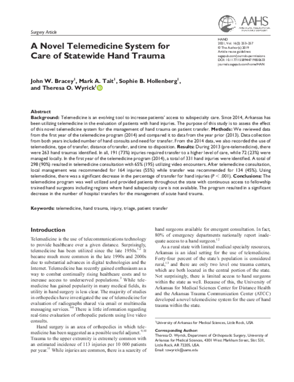 (PDF) A Novel Telemedicine System for Care of Statewide Hand Trauma