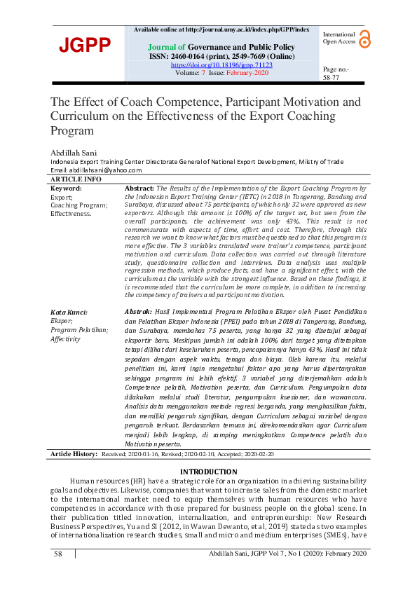 (PDF) The Effect of Coach Competence, Participant Motivation and ...