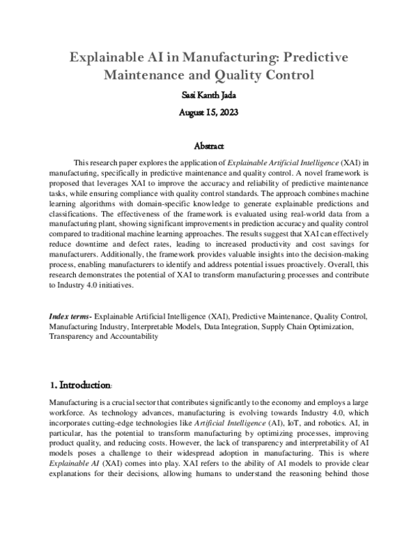 (PDF) Explainable AI in Manufacturing: Predictive Maintenance and Quality Control