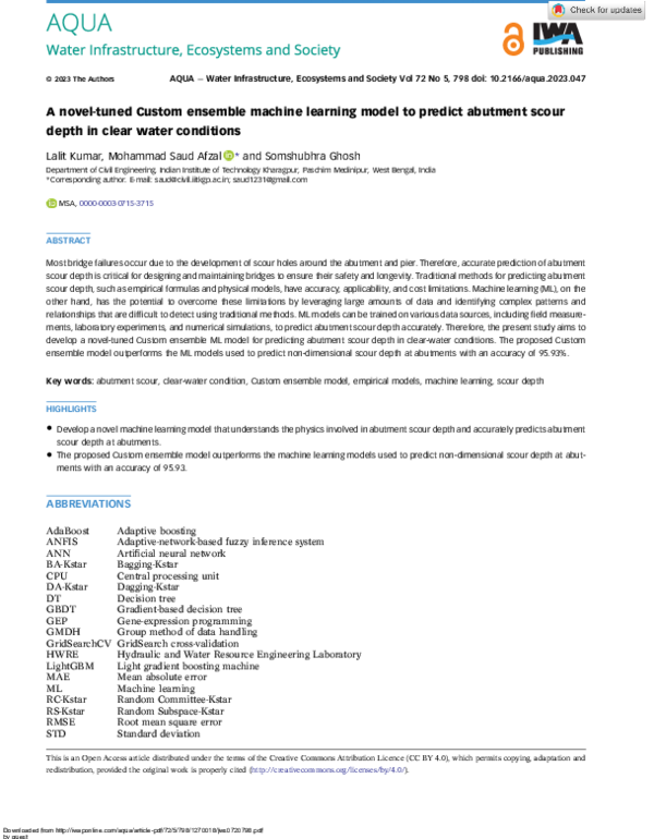 (PDF) A novel-tuned Custom ensemble machine learning model to predict abutment scour depth in ...