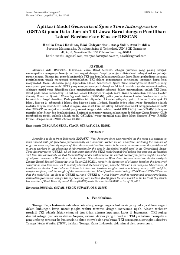 (PDF) Aplikasi Model Generalized Space Time Autoregressive (GSTAR) pada Data Jumlah TKI Jawa ...