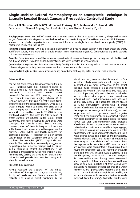 (PDF) Single Incision Lateral Mammoplasty as an Oncoplastic Technique ...