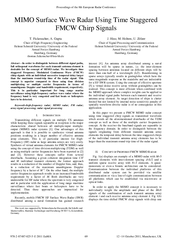 Pdf Mimo Surface Wave Radar Using Time Staggered Fmcw Chirp Signals Anshul Gupta