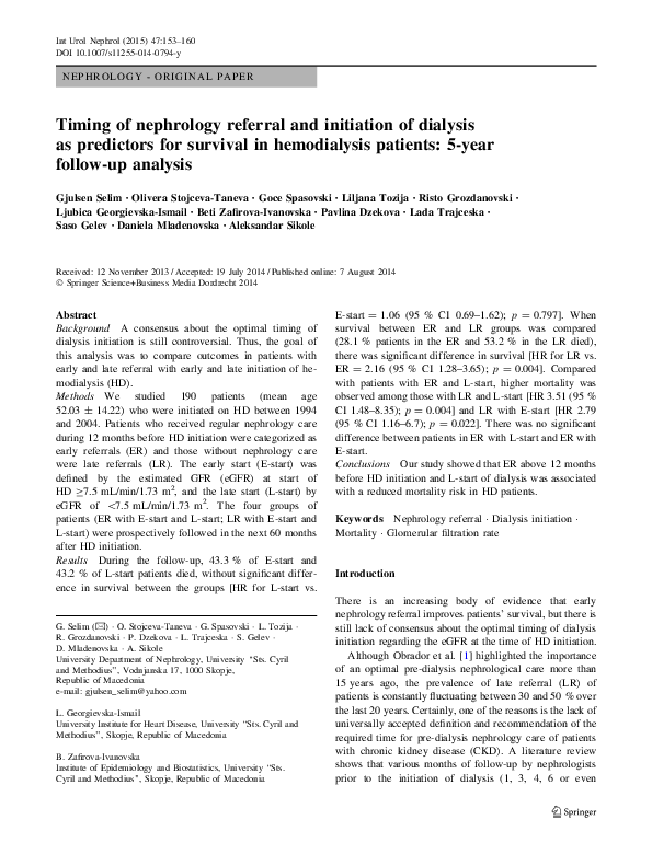 (PDF) Timing of nephrology referral and initiation of dialysis as predictors for survival in ...