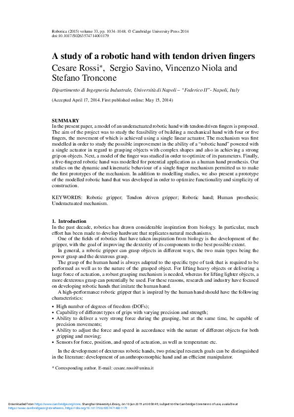 (PDF) A study of a robotic hand with tendon driven fingers