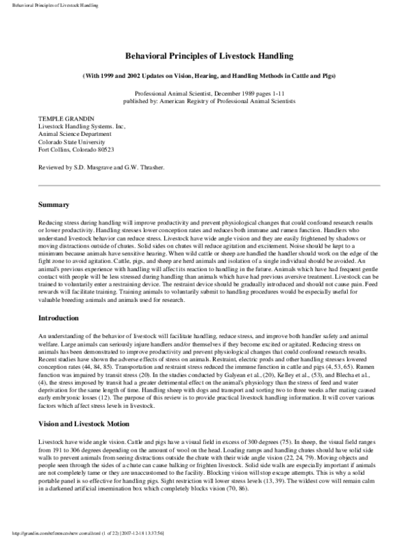 (PDF) Behavioral Principles of Livestock Handling