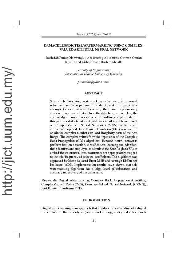 (PDF) Digital Watermarking Using Complex-Valued Artificial Neural Network | Othman Omran ...
