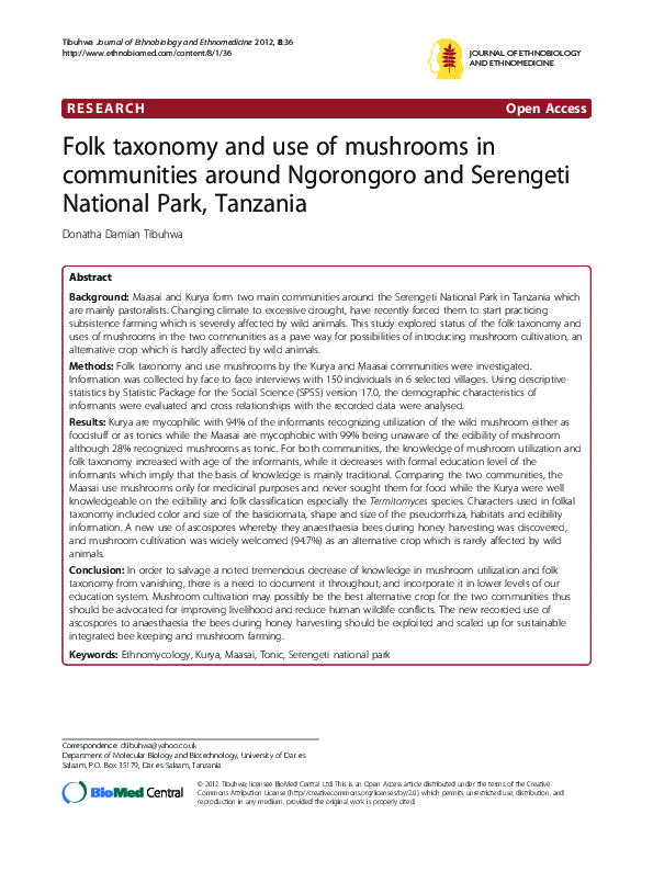 (PDF) Folk taxonomy and use of mushrooms in communities around ...
