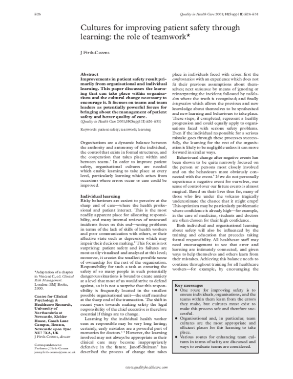 (PDF) Cultures for improving patient safety through learning: the role ...