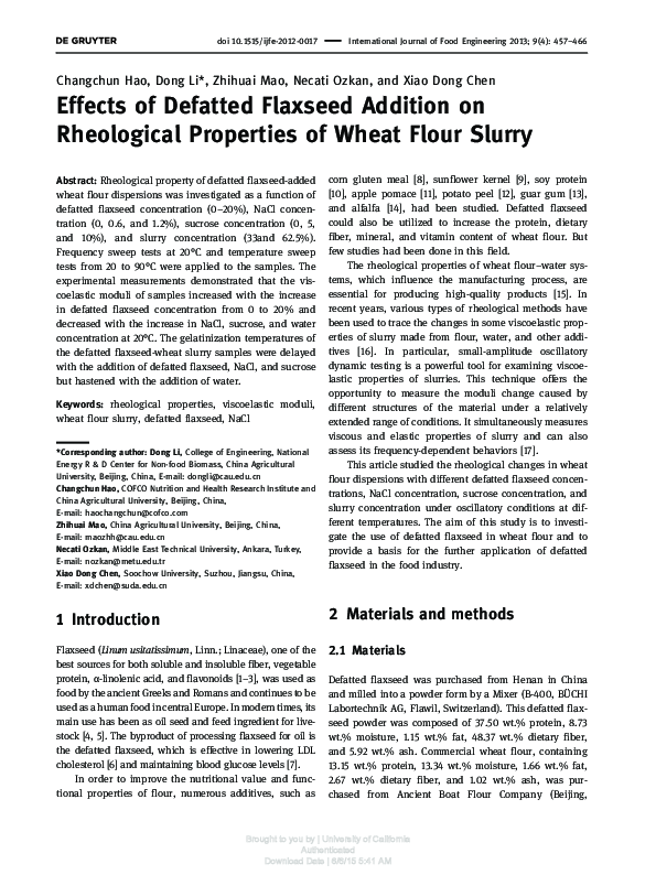 (PDF) Effects of Defatted Flaxseed Addition on Rheological Properties of Wheat Flour Slurry ...