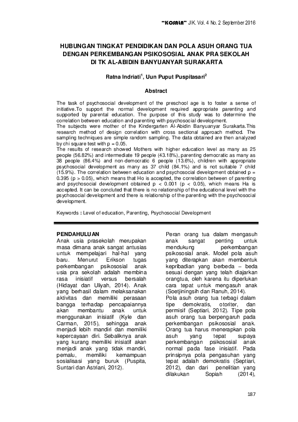 (PDF) Hubungan Tingkat Pendidikan Dan Pola Asuh Orang Tua Dengan Perkembangan Psikososial Anak ...