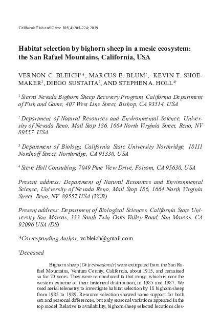 (PDF) Habitat selection by bighorn sheep in a mesic ecosystem: the San ...