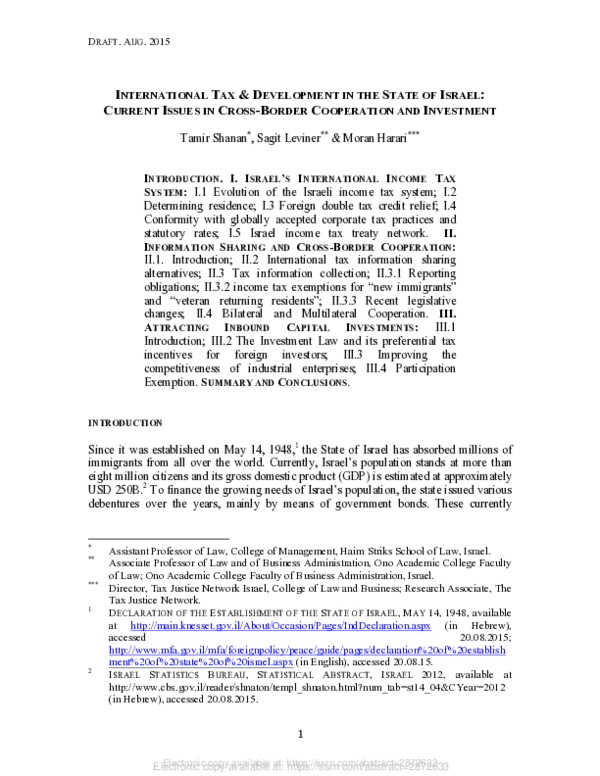 (PDF) Current Issues in Cross Border Taxation and Investment in the State of Israel