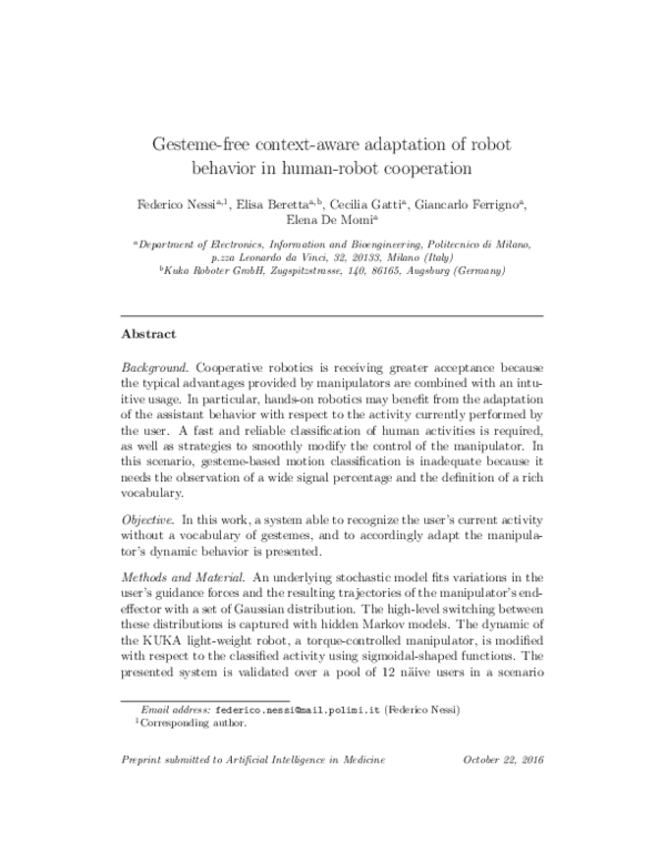 (PDF) Gesteme-free context-aware adaptation of robot behavior in human–robot cooperation ...