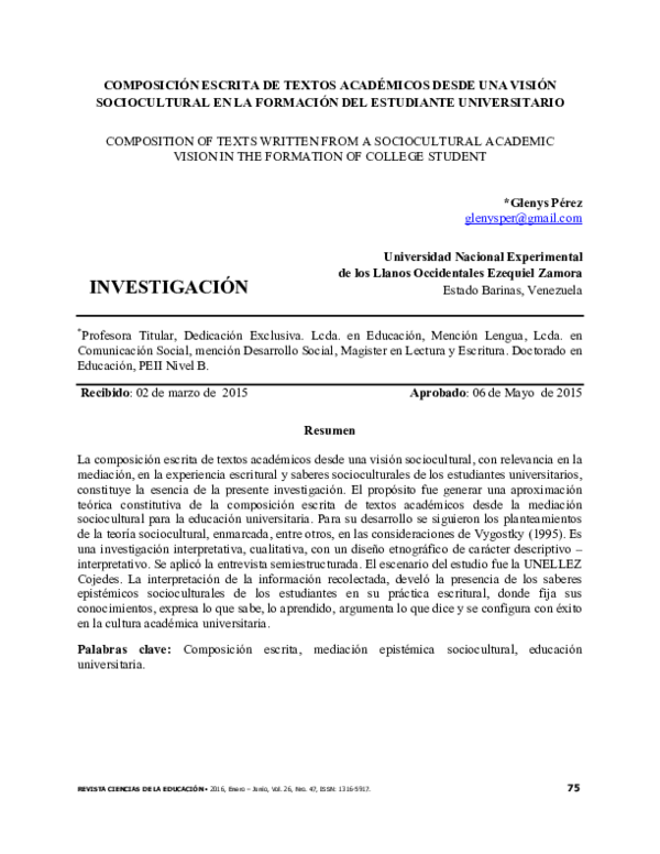 (PDF) Composición escrita de textos académicos desde una visión sociocultural en la formación ...