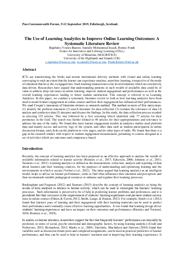 (PDF) The Use of Learning Analytics to Improve Online Learning Outcomes ...