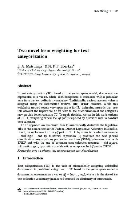 (PDF) Two novel term weighting for text categorization