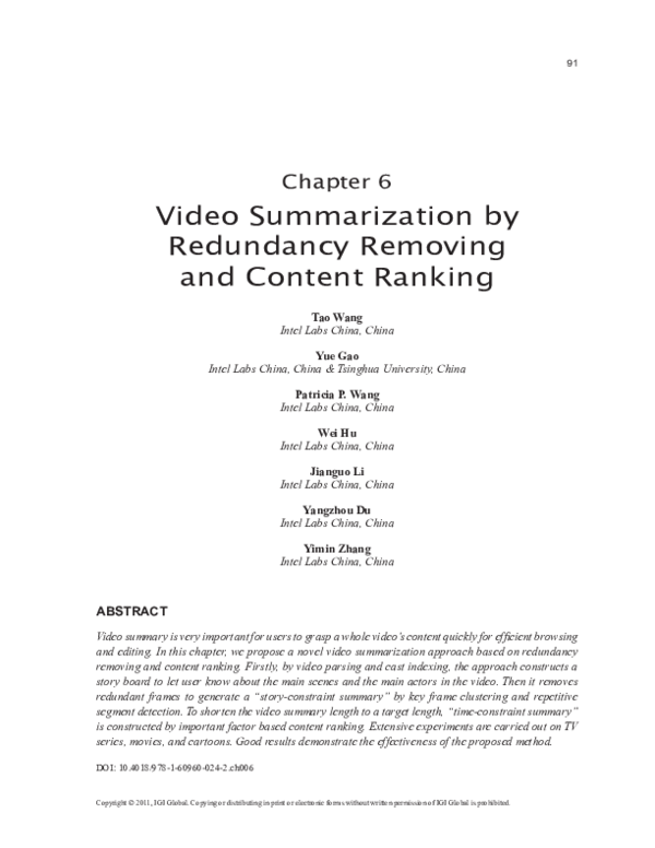 (PDF) Video summarization by redundancy removing and content ranking