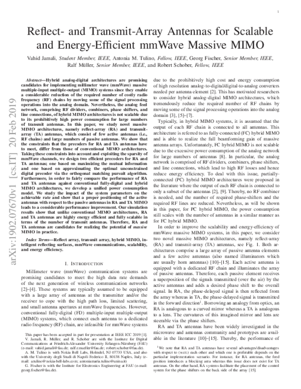 Pdf Reflect And Transmit Array Antennas For Scalable And Energy Efficient Mmwave Massive Mimo 