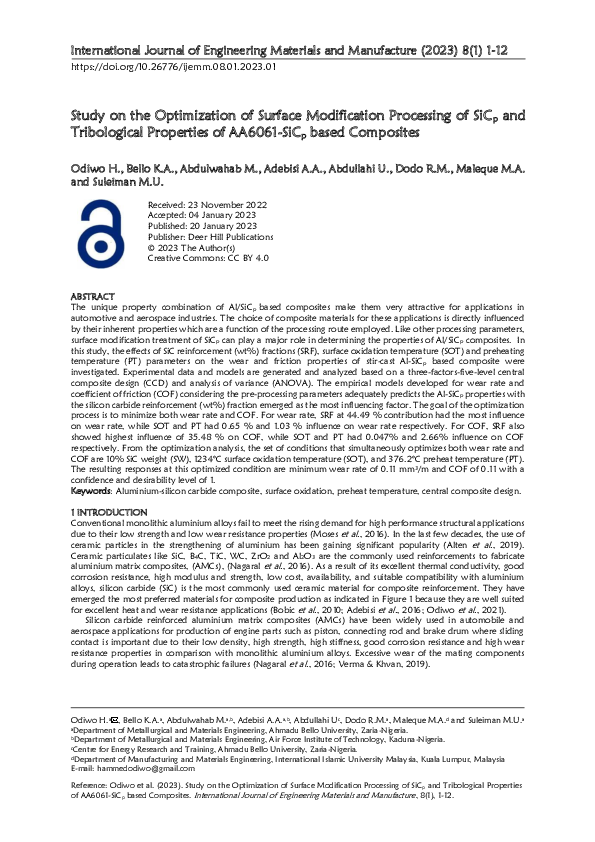(PDF) Study on the Optimization of Surface Modification Processing of SiCp and Tribological ...