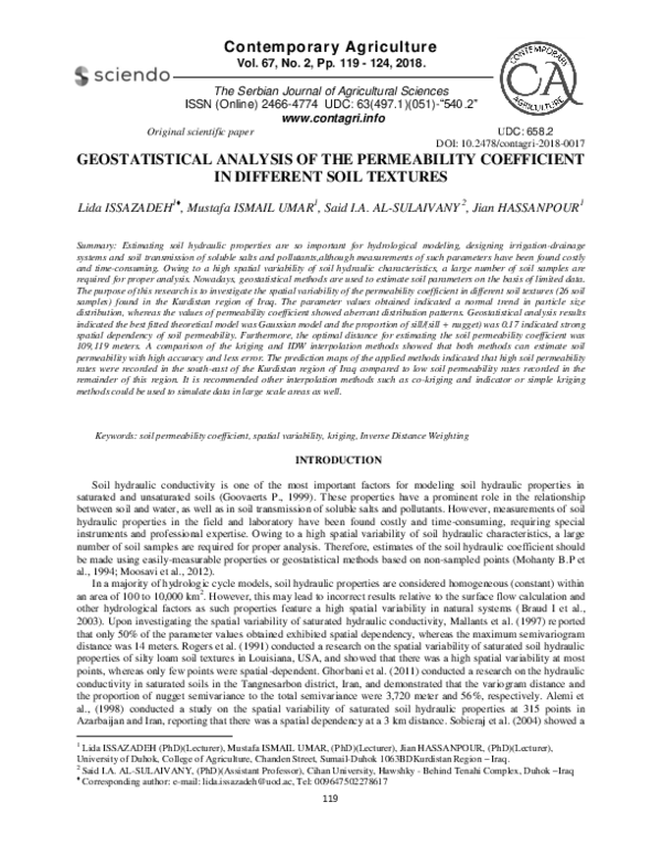 (PDF) Geostatistical Analysis of the Permeability Coefficient in Different Soil Textures