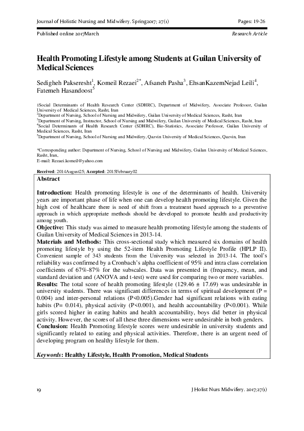(PDF) Health Promoting Lifestyle among Students at Guilan University of ...