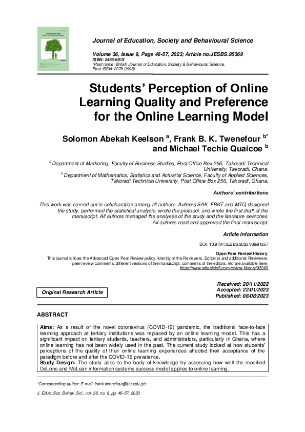 (PDF) Students’ Perception of Online Learning Quality and Preference ...