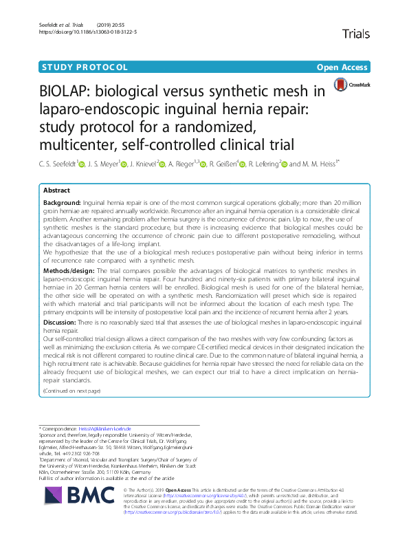 (PDF) BIOLAP: Biological versus synthetic mesh in laparoscopic hernia repair-a randomized ...