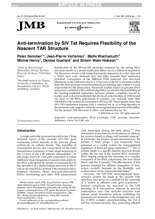 (PDF) Anti-termination by SIV Tat Requires Flexibility of the Nascent ...