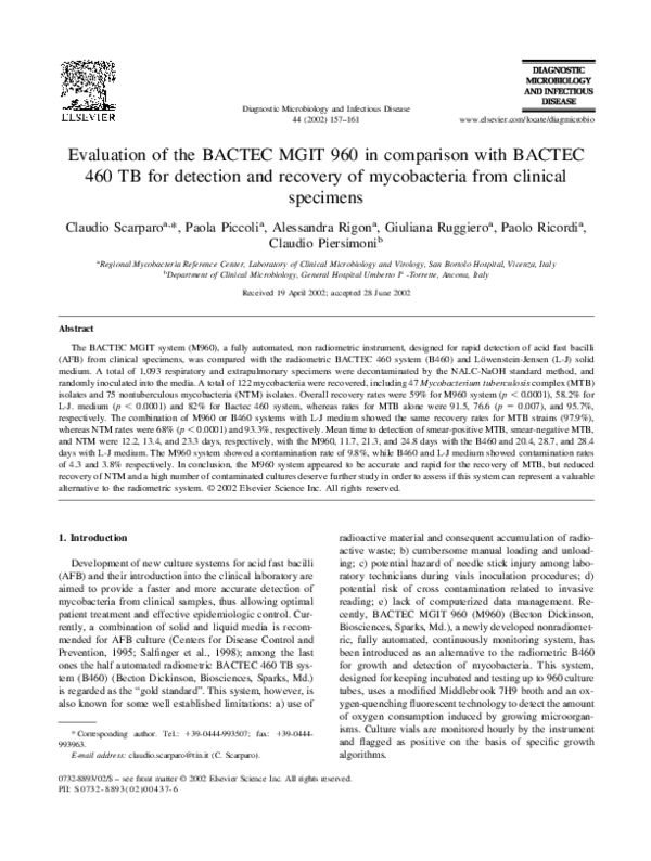 (PDF) Evaluation of the BACTEC MGIT 960 in comparison with BACTEC 460 ...