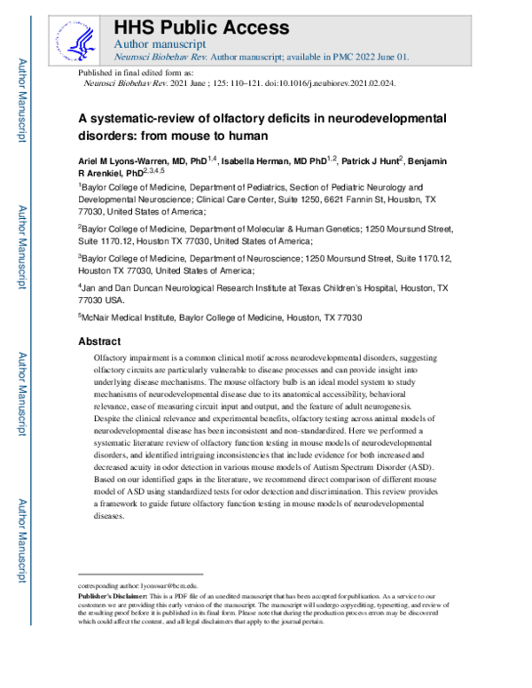 (PDF) A systematic-review of olfactory deficits in neurodevelopmental ...