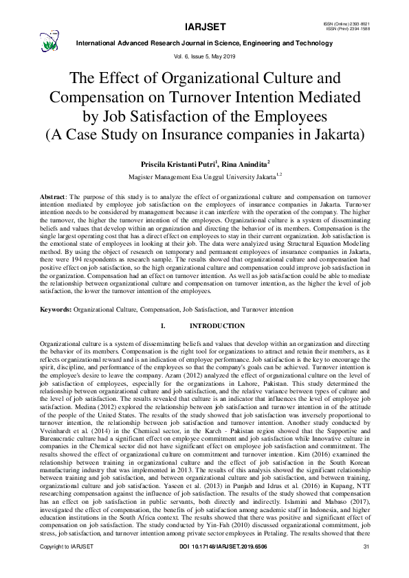 (PDF) The Effect of Organizational Culture and Compensation on Turnover Intention Mediated by ...