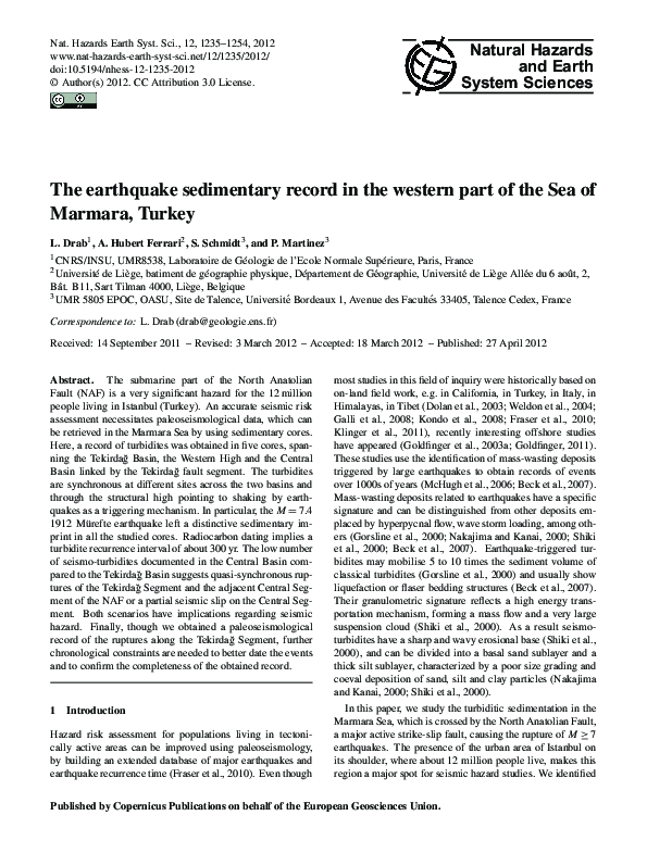 (PDF) The earthquake sedimentary record in the western part of the Sea of Marmara, Turkey