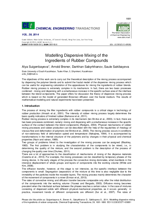 (PDF) Modelling Dispersive Mixing of the Ingredients of Rubber Compounds